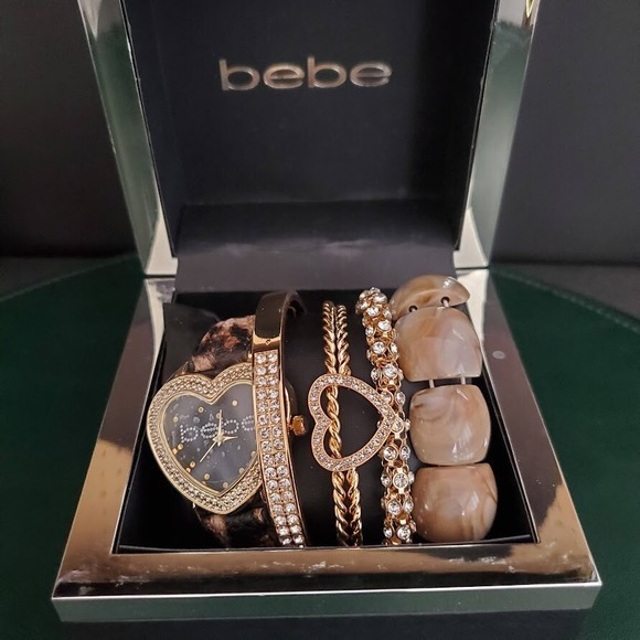 bebe | Jewelry | Bebe Heart Shaped Watch Clear Crystals Leopard Print ...